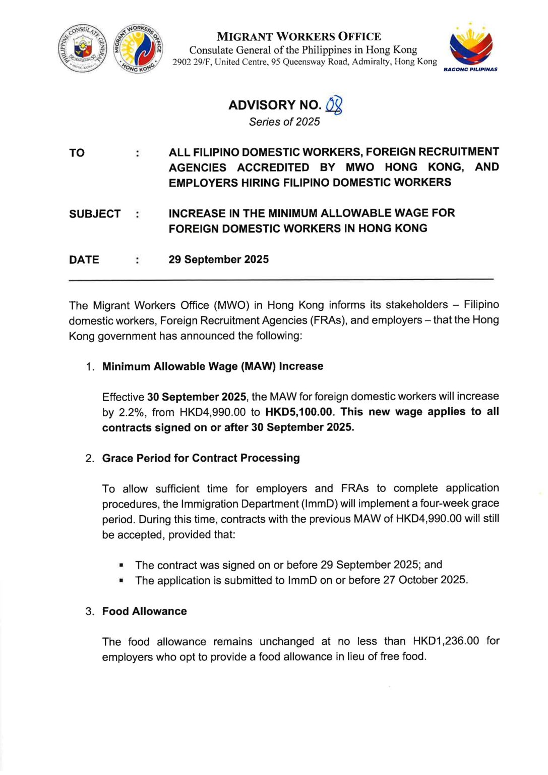 PUBLIC ADVISORY NO. 08 – INCREASE IN MINIMUM ALLOWABLE WAGE FOR FOREIGN DOMESTIC WORKERS IN HONG ...